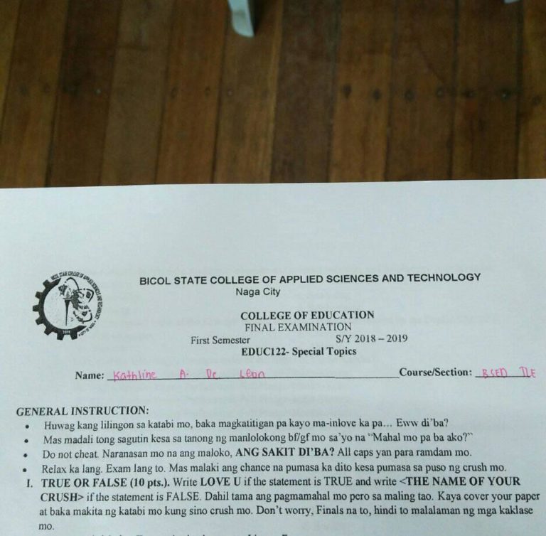 Bicol professor writes ‘hugot’ test instructions to prevent students ...